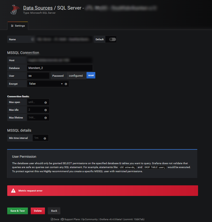 MSSQL Metric request error in Datasource definition since 6.4.0-beta1 ...