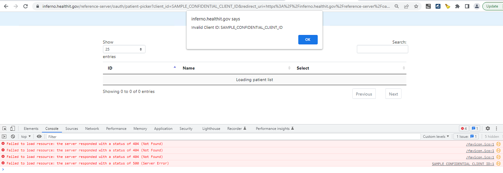 Inferno Reference Server: error, invalid client · Issue #381 · onc-healthit/onc-certification ...