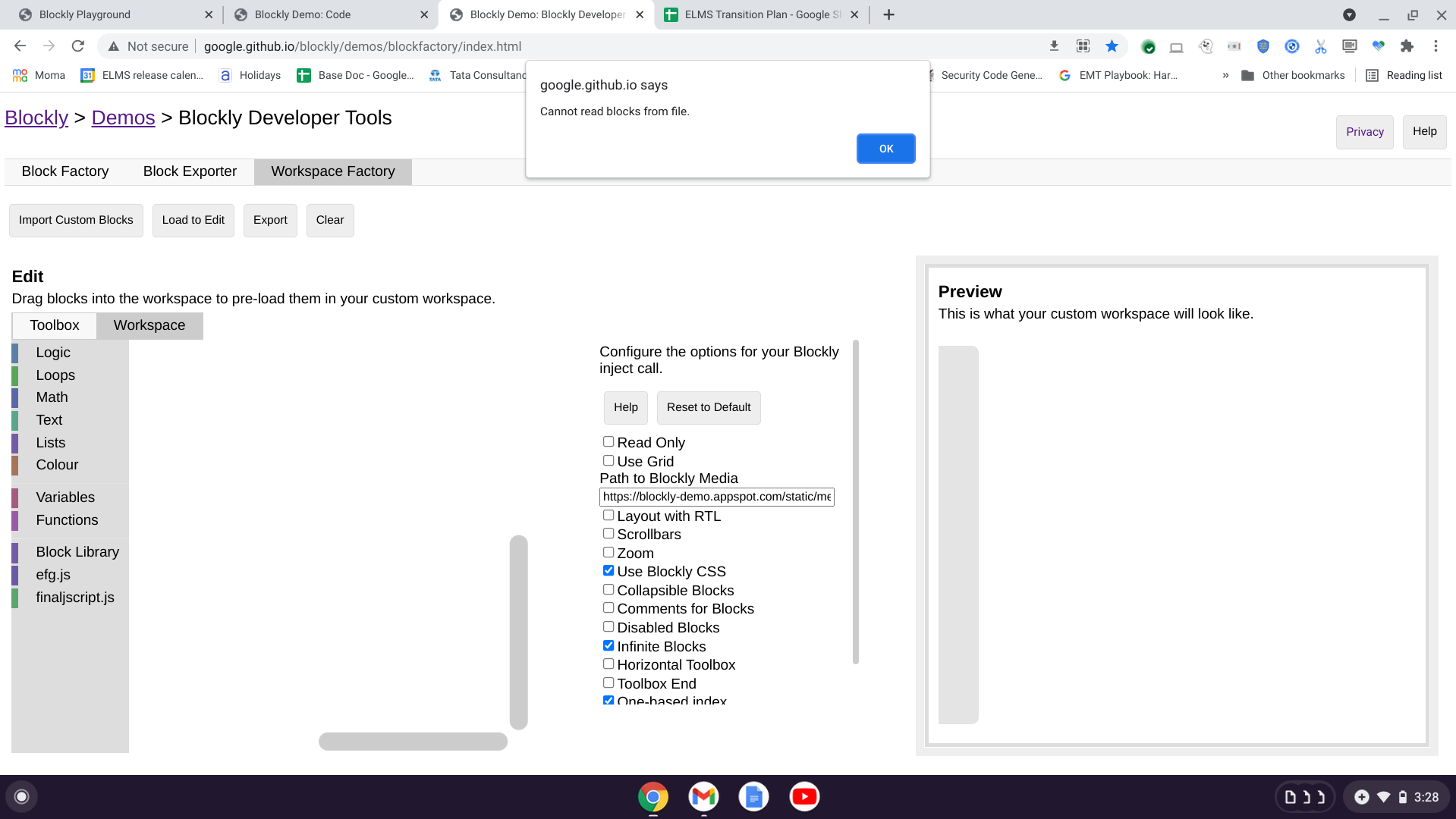 "Import Custom Blocks" on Workspace Factory produces spurious "An ...