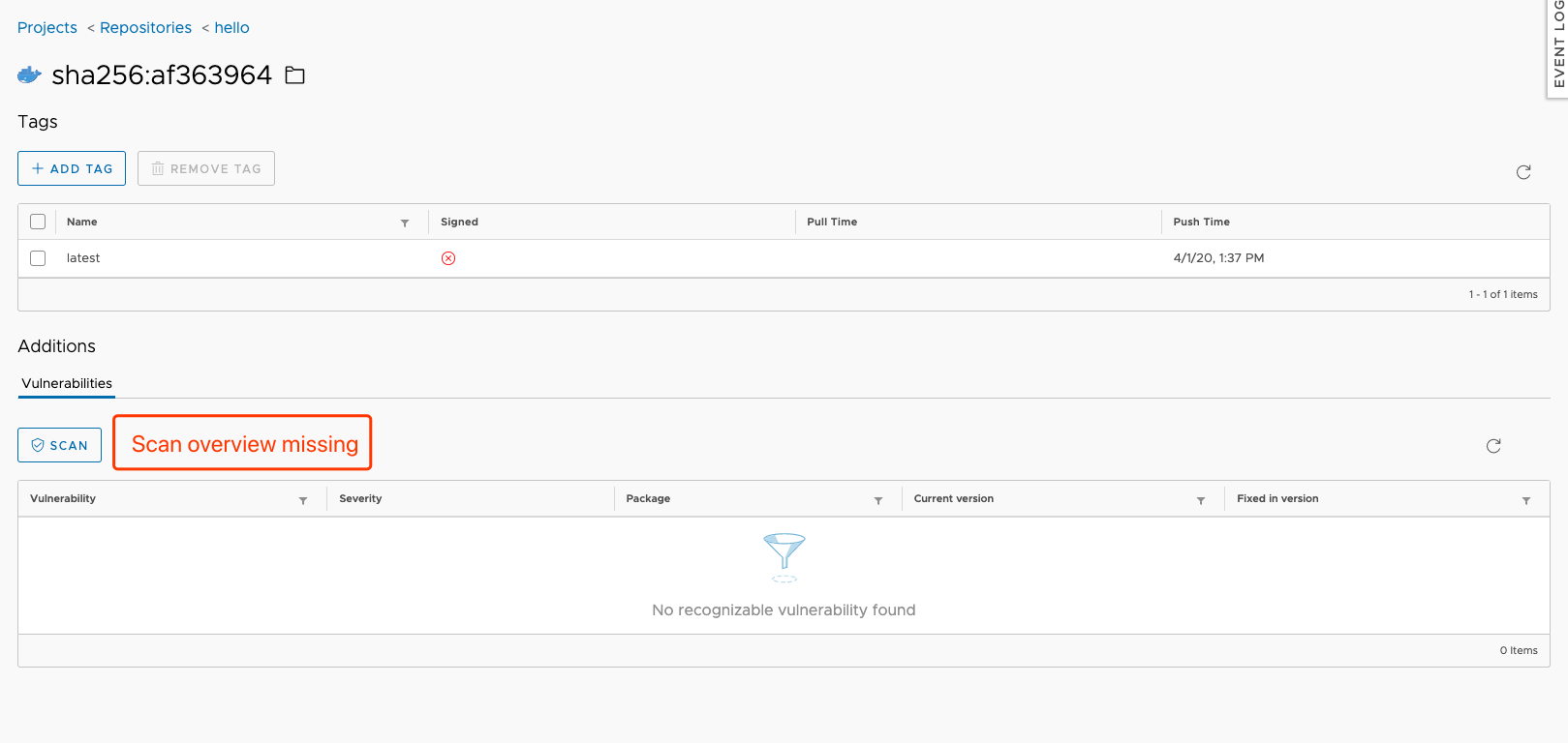 Scan Overview Missing In The Detail Page Of The Artifact · Issue 11376 · Goharborharbor · Github