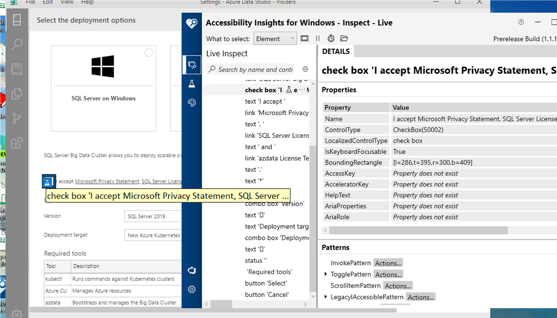 A11y_AzureDataStudio_Selectthedeploymentoption_AI4D:Name property does not exist for "I accept ...