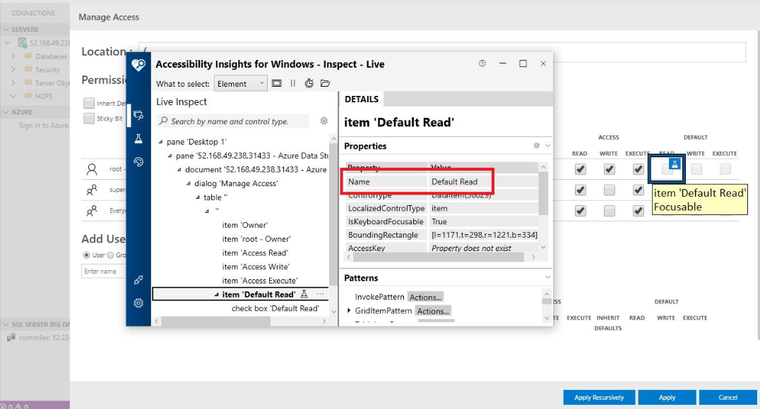 A11y_AzureDataStudio_ManageAccessForFile_AI4D:Name property does not exist for check box ...