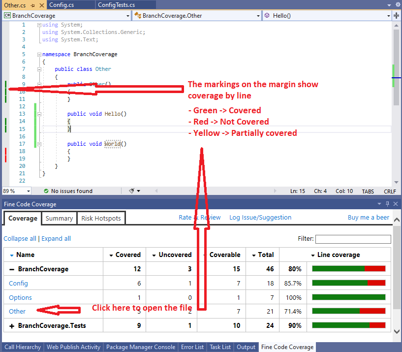 how can I see which metod has been covered buy unit test or uncovered ...