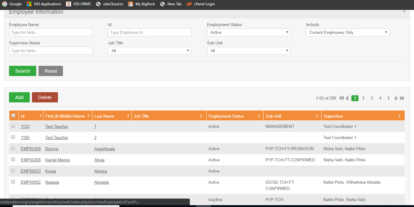 Employee search with filter status 'Active' also shows 'Inactive ...