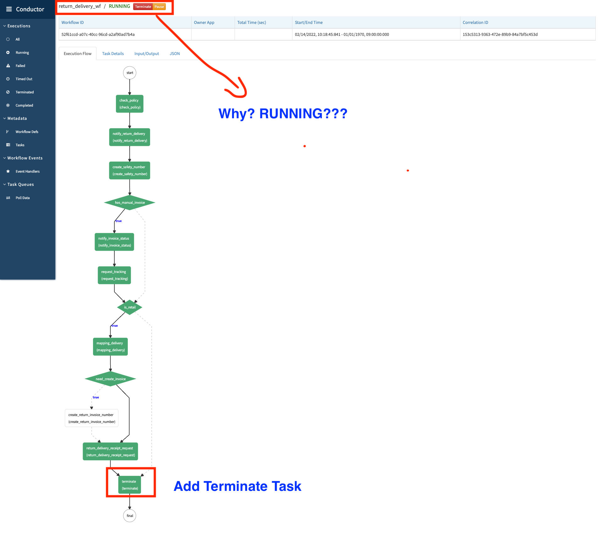 Found bug where the workflow status is maintained as RUNNING. · Issue ...