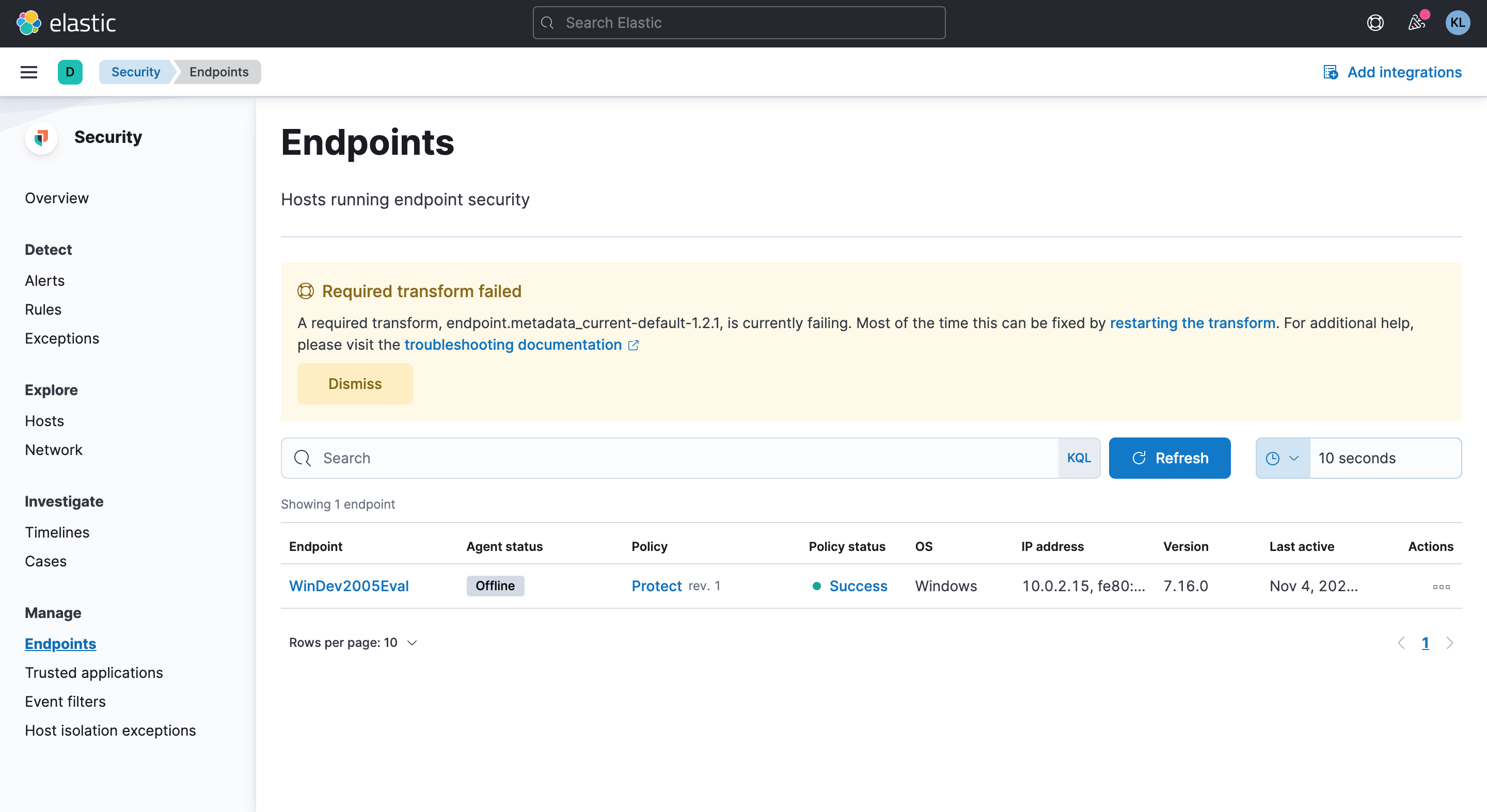 Security Solution When Disabling `endpointmetadataunited Default 121` Transform Endpoint 