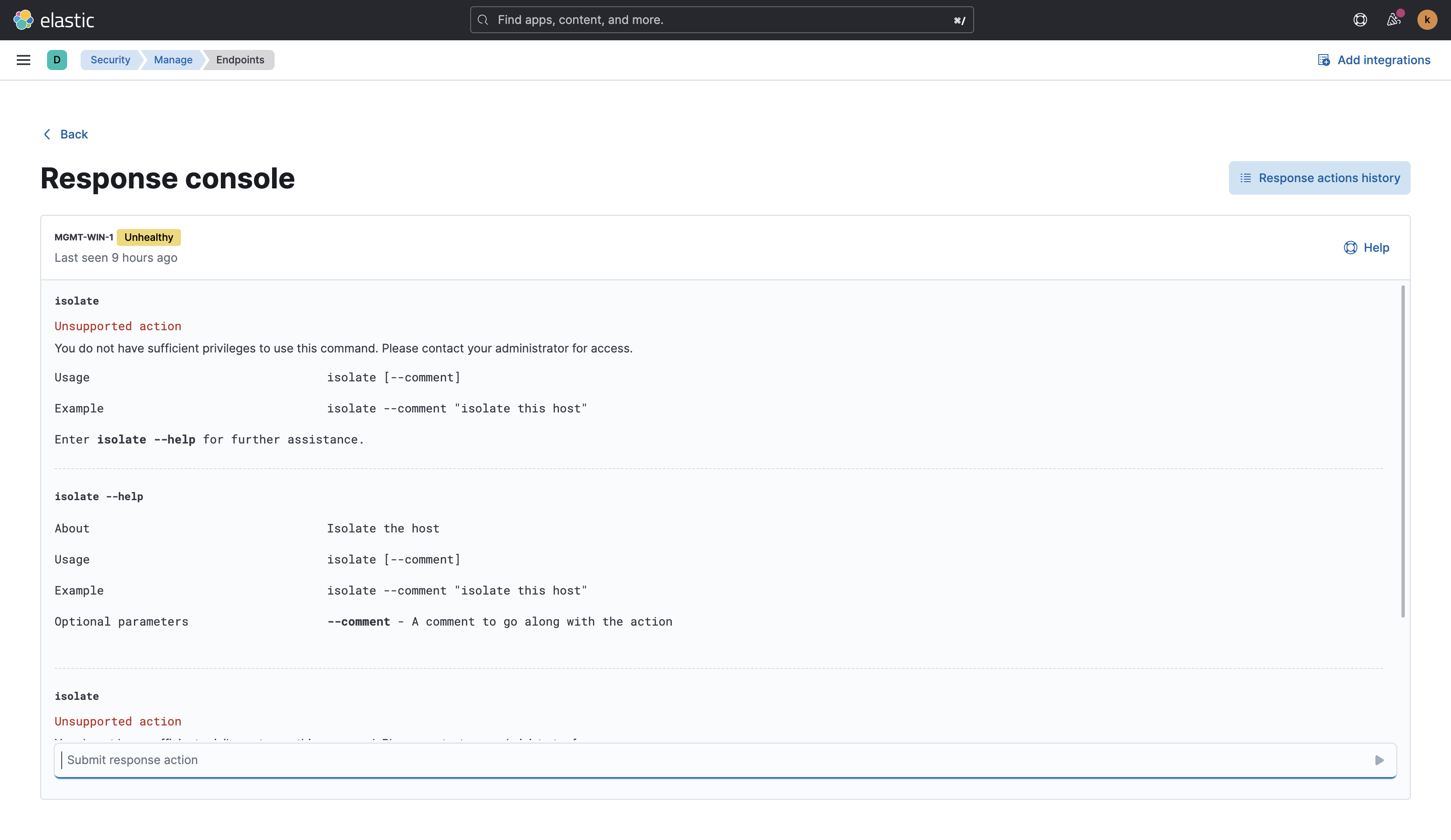 [Security Solution] The isolate --help command shows error when the user is not having privilege ...