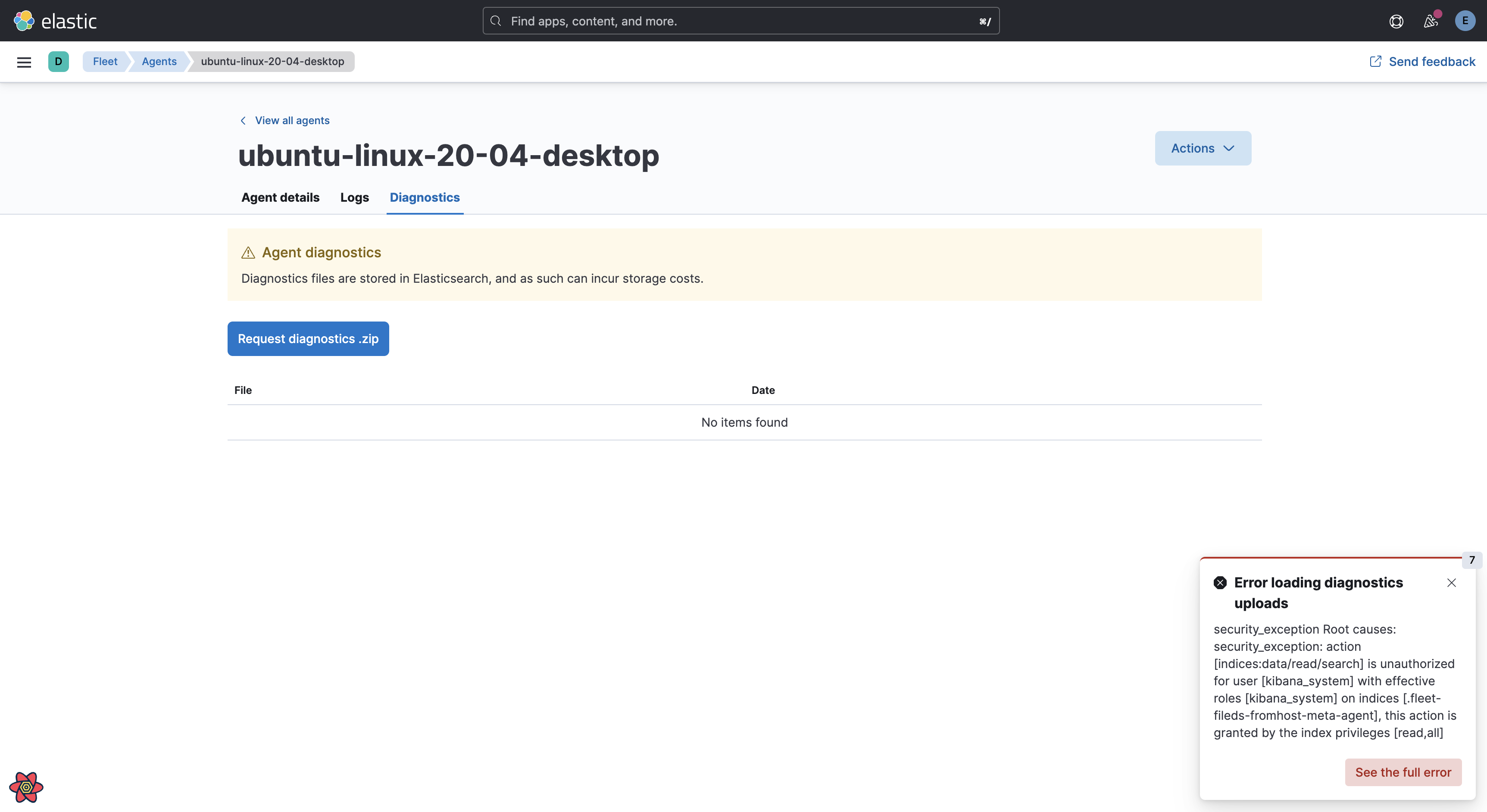 [Bug] Index permissions errors for Agent diagnostics and Endpoint response actions on `.fleet ...
