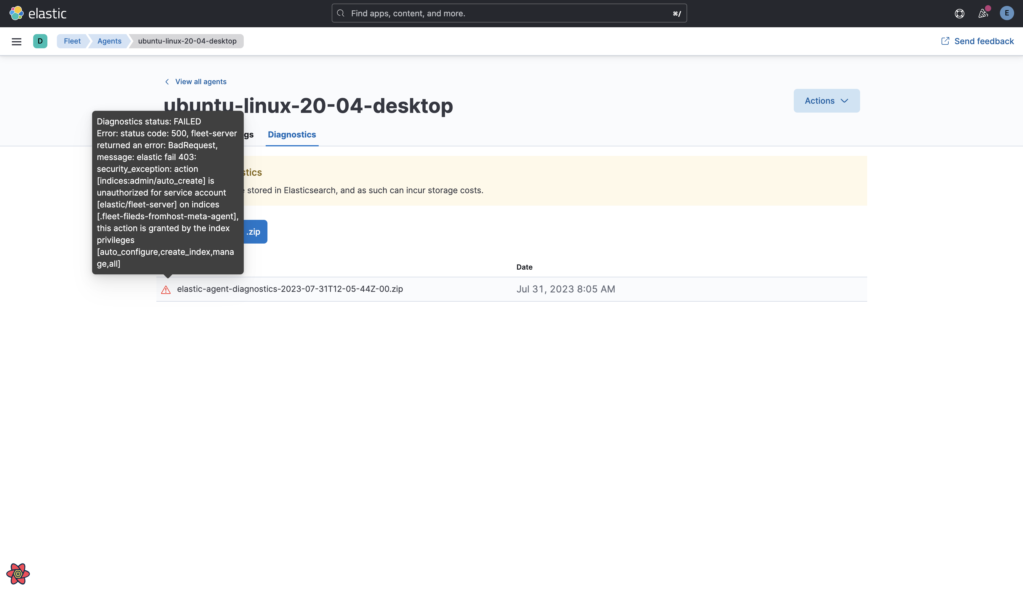 [Bug] Index permissions errors for Agent diagnostics and Endpoint response actions on `.fleet ...