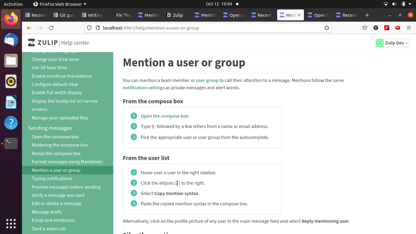 Fix Reply Mentioning User Documentation · Issue 23202 · Zulipzulip · Github