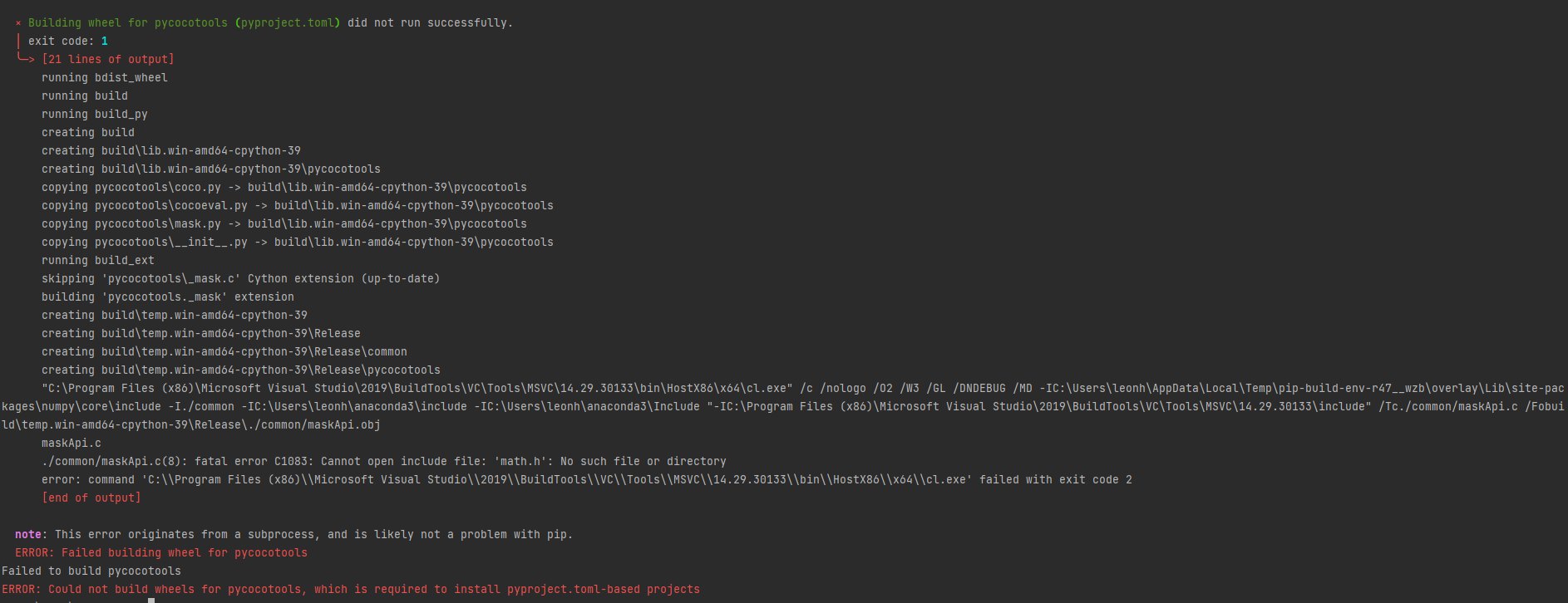 Error Could Not Build Wheels For Pycocotools · Open Mmlab Mmdetection · Discussion 7908 · Github