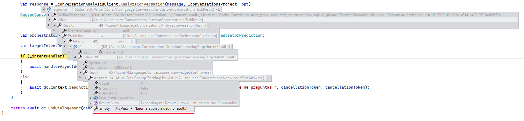 [BUG] Not receving knowledge base answers from Custom Question Answering with an Orchestration ...