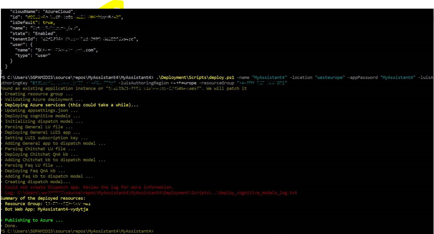 Virtual Assistant deployment error “Could not create Dispatch app. Review the log for more ...