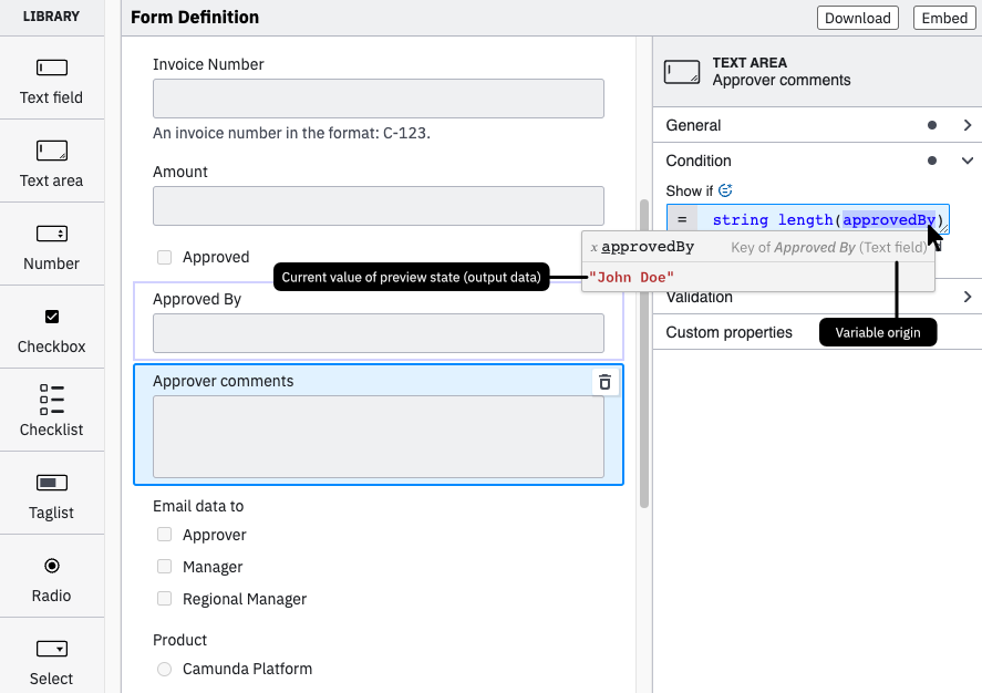 Highlight referenced form field or input variable when hovering or selecting variables in FEEL ...