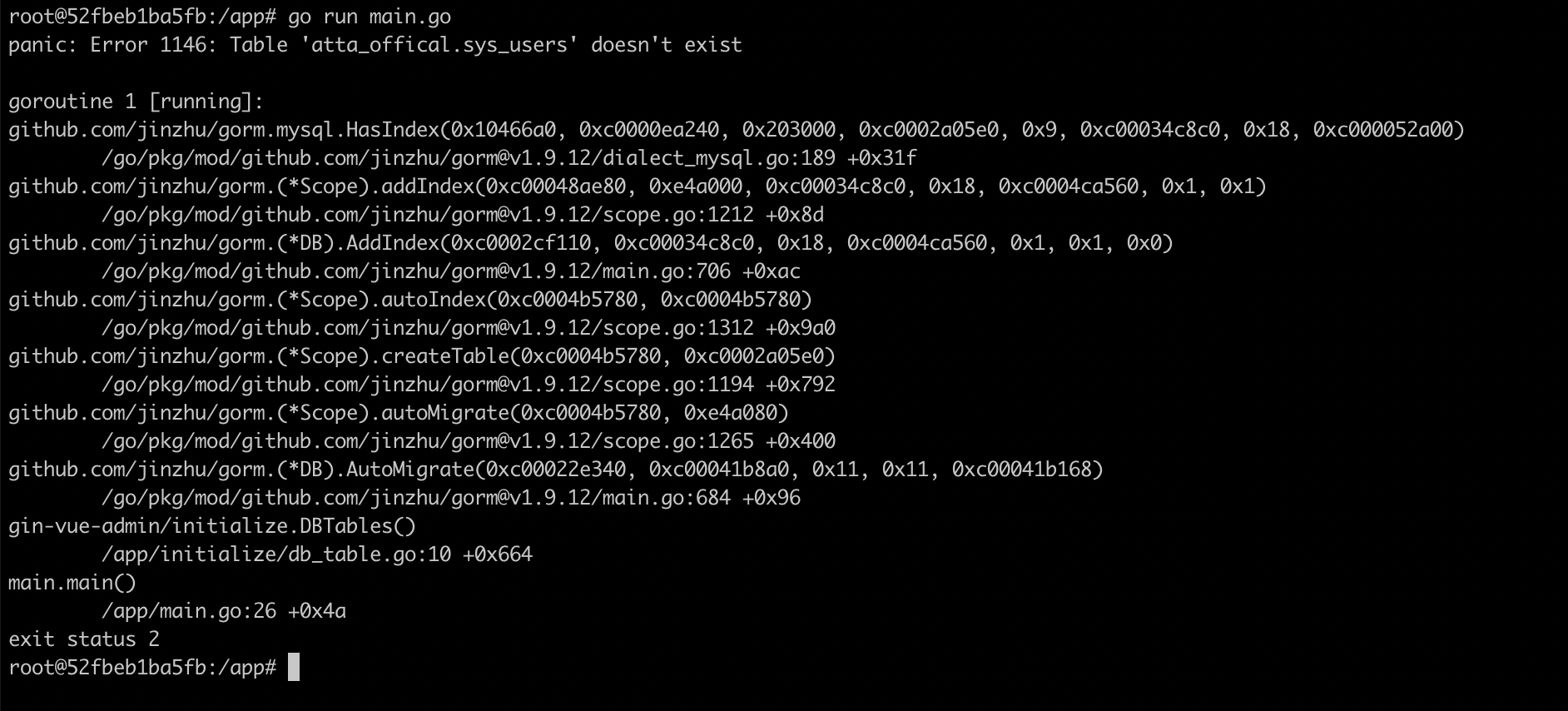 model.SysUser无法完成AutoMigrate自动迁移，报错提示: Table 'atta_offical.sys_users ...