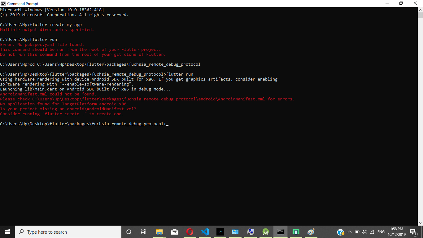 Flutter app wont launch with 'flutter run' cmd or 'flutter create' cmd ...