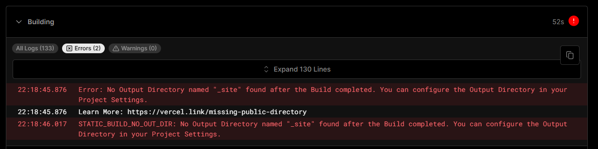 No Output Directory Named Site Found After The Build Complete Vercel · Issue 944