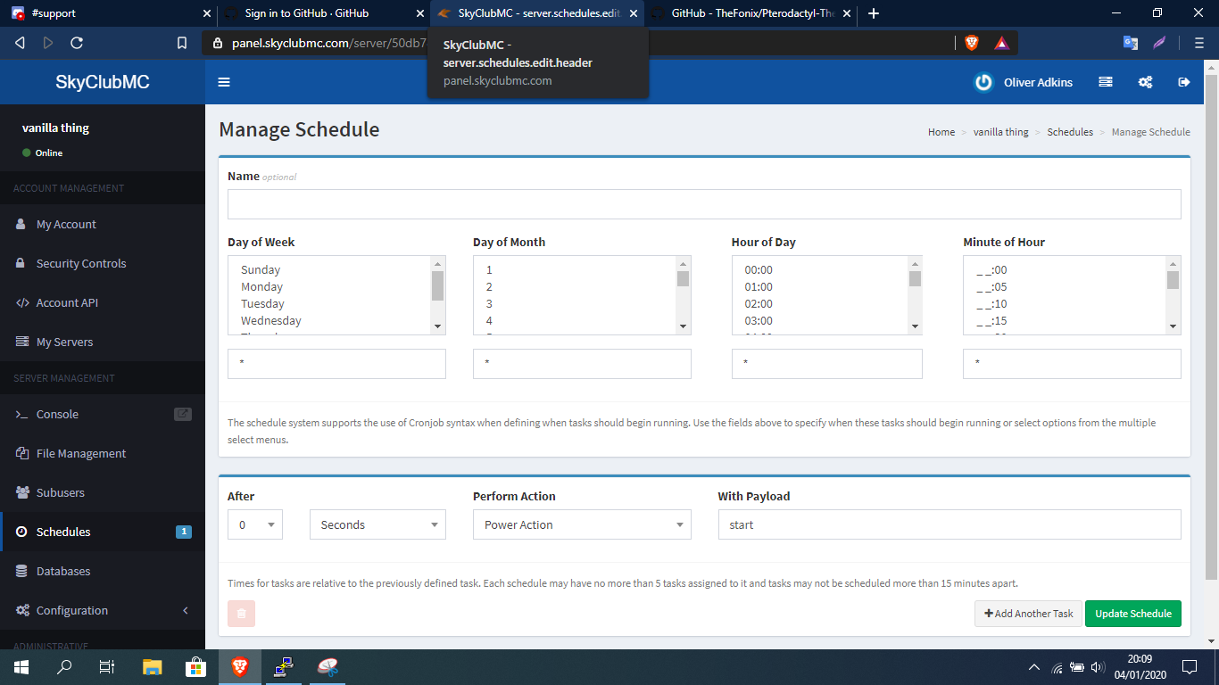 Bug editing the schedules on Panel version 0.7.16 · Issue #1806 · pterodactyl/panel · GitHub