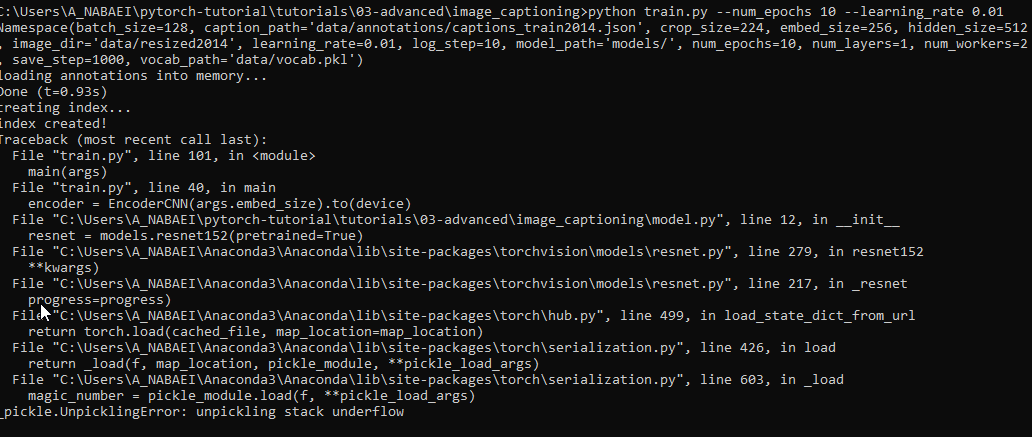 ERROR QUESTION ON RUNNING IMAGE CAPTIONING CODE (using Deep Learning (CNN and LSTM) in PyTorch ...