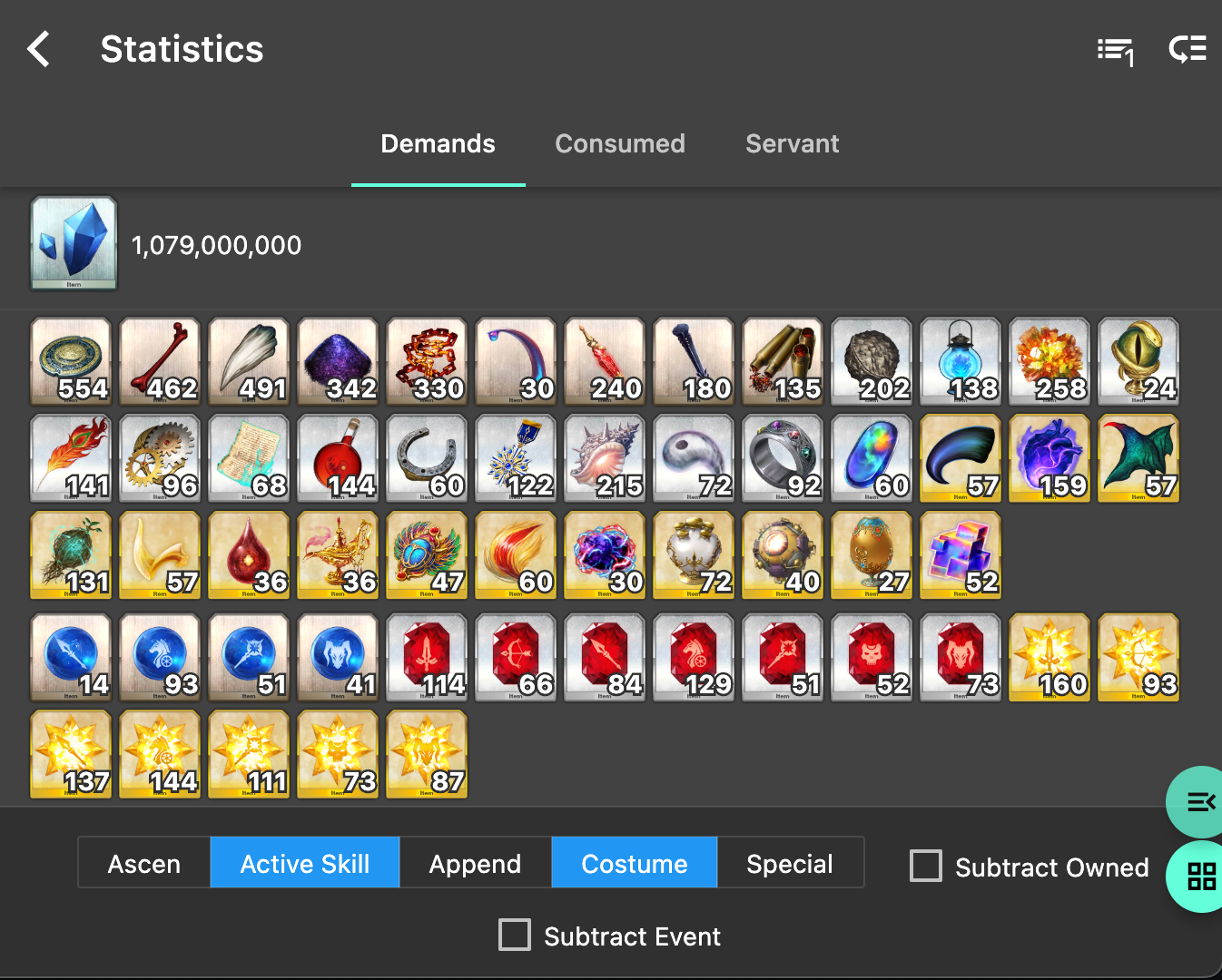 [FEATURE] In the statistics page can you add a filter to show only materials needed for ...
