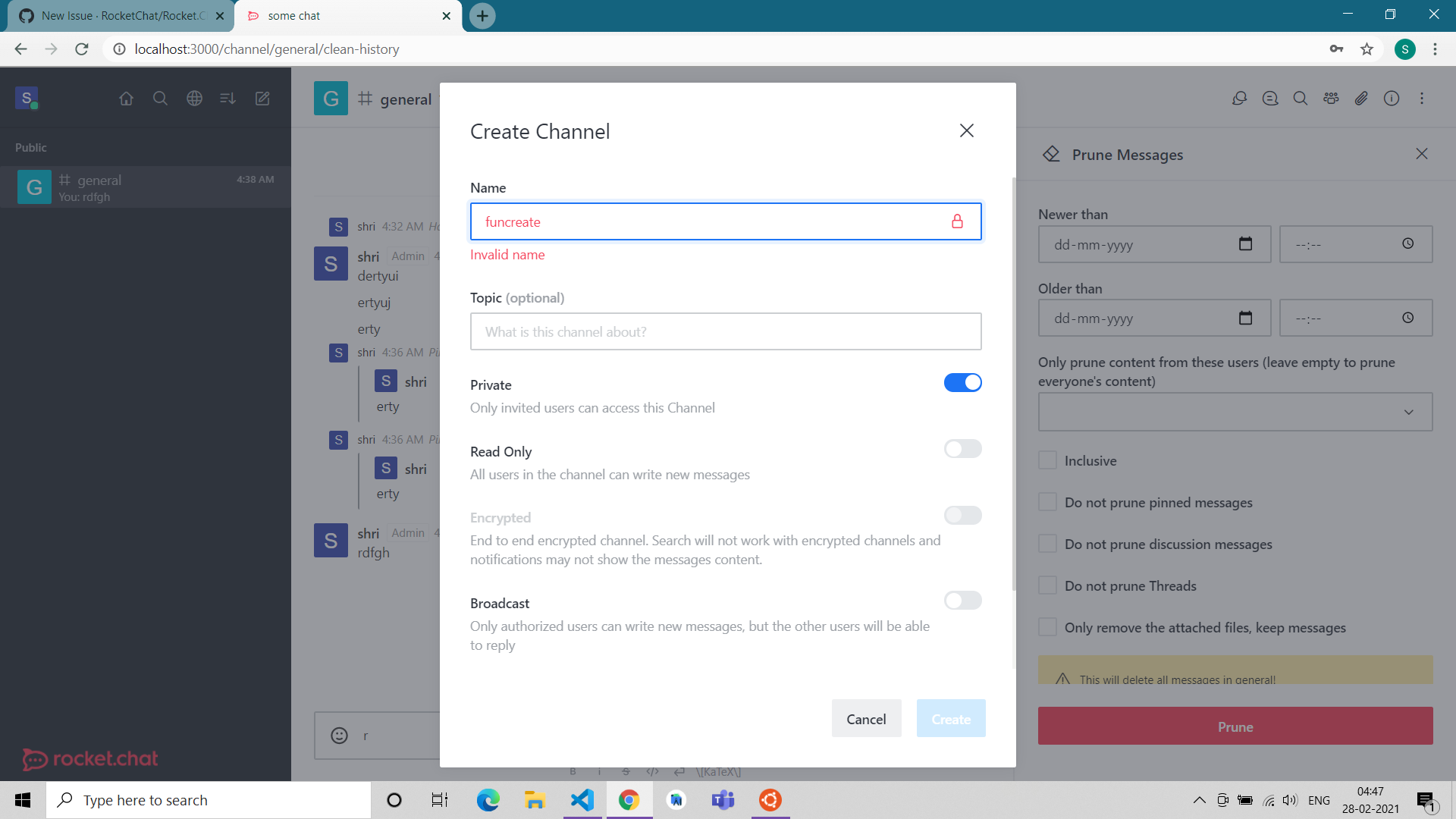 Says invalid name if you press spacebar after entering channel name ...