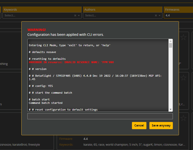 Betaflight Configurator 10.9.0 RC2: Error when importing backup from 4.4.0 RC1 · Issue #3160 ...