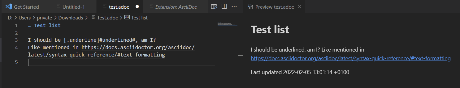 Underline not rendered in preview · Issue #511 · asciidoctor/asciidoctor-vscode · GitHub