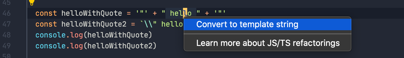 JS convert to template string incorrect when original contains quote ...