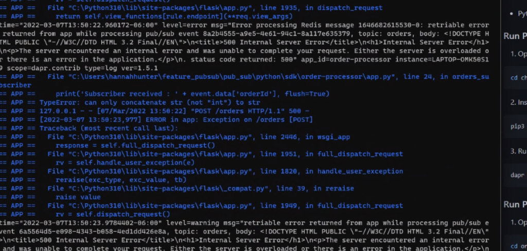 PubSub Python SDK example subscriber errors out trying to print results · Issue #579 · dapr ...