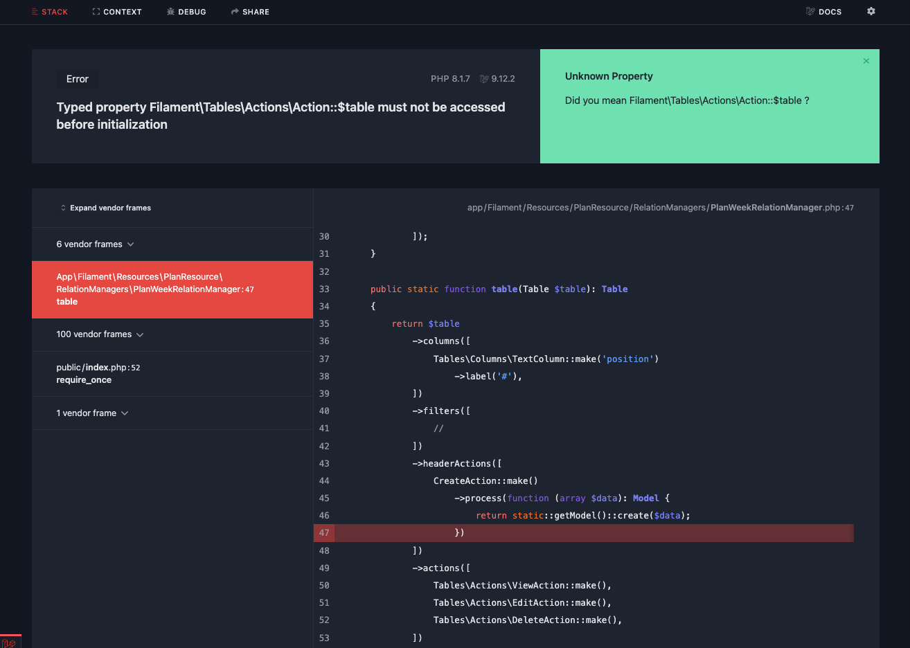 Action::$table must not be accessed before initialization · filamentphp filament · Discussion ...