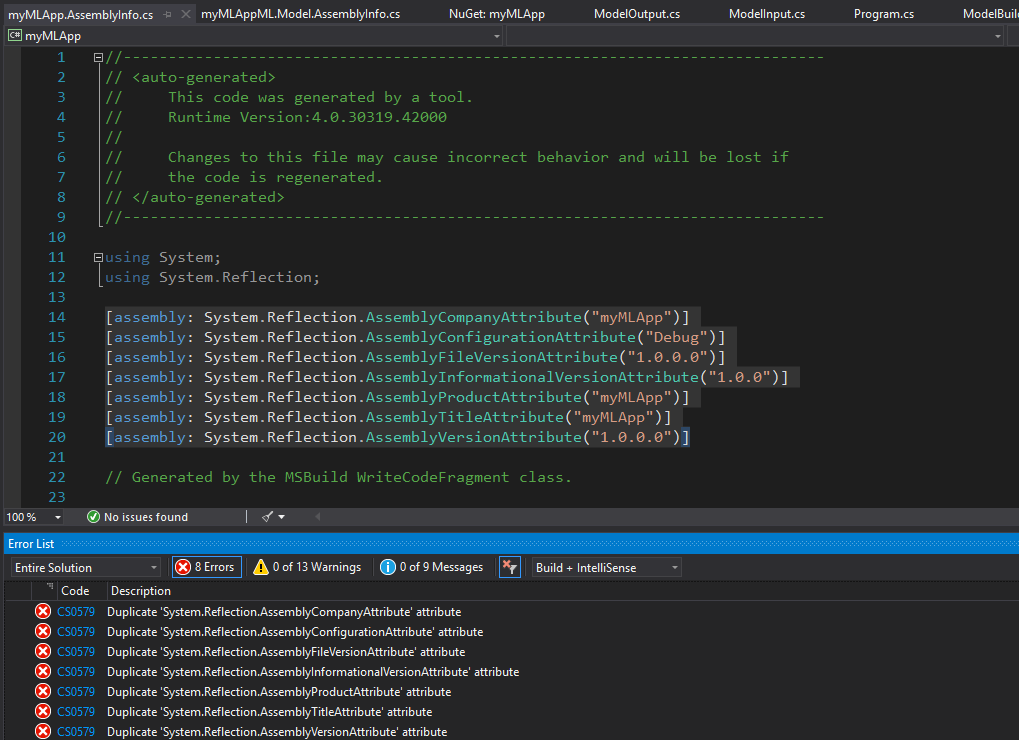 Duplicate AssemblyInfo · Issue #515 · dotnet/machinelearning-samples · GitHub