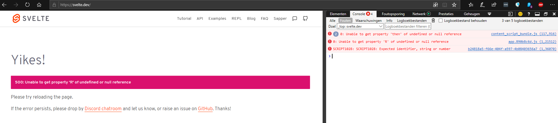 500 error - null dereference error on the svelte.dev homepage in MS Edge. · Issue #4248 ...