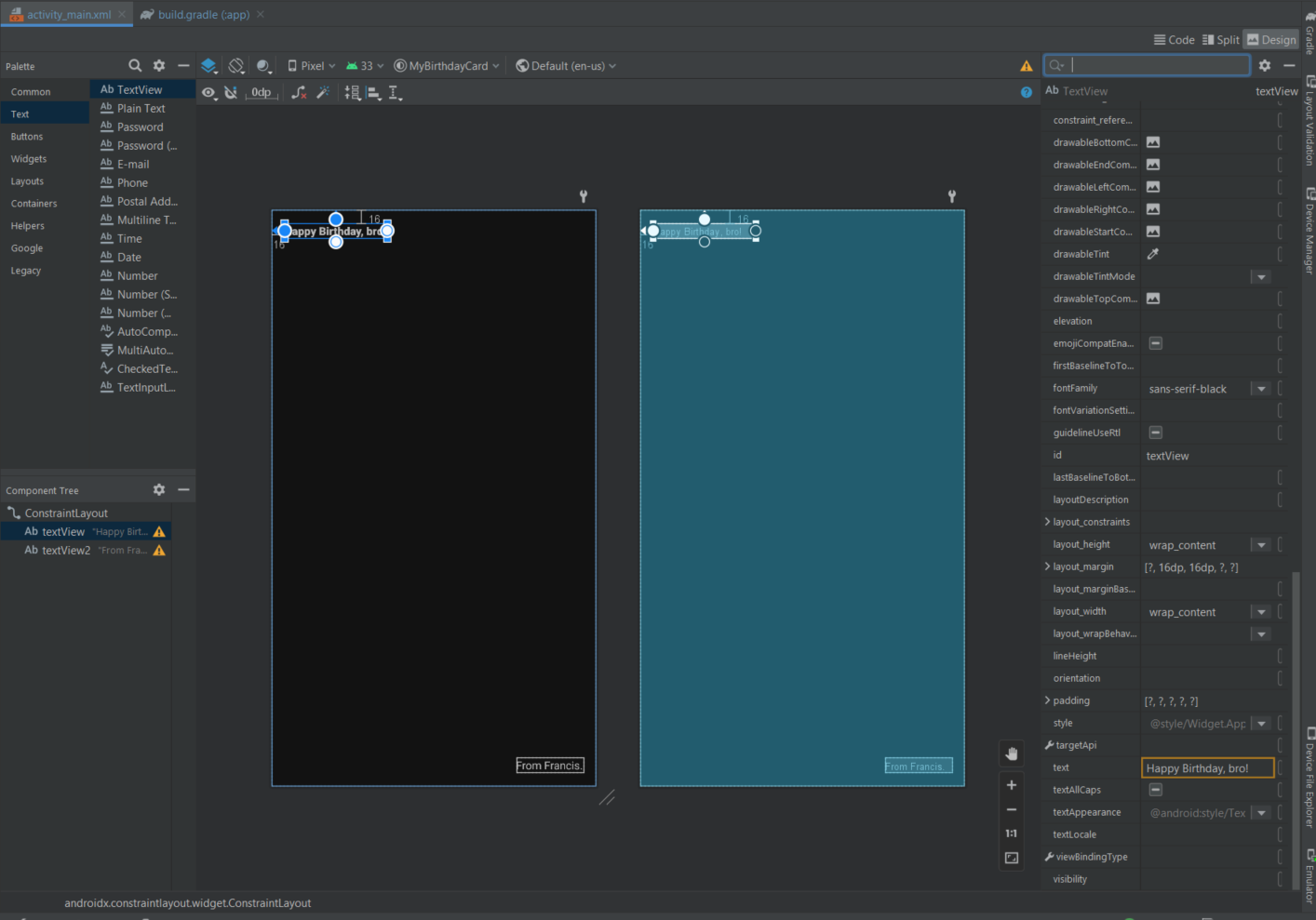 Android Basics: birthday-card-app - Can't see Common Attributes, and ...