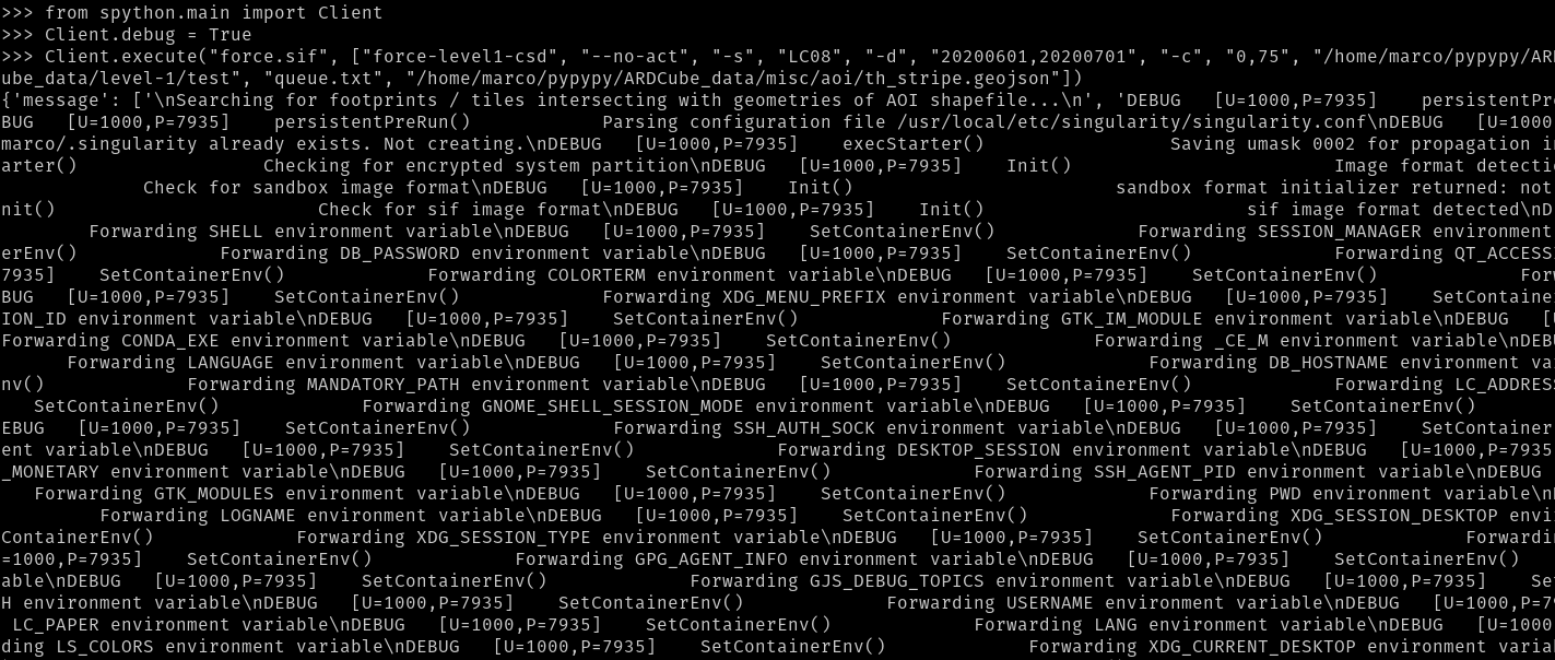 Executing command using spython needs --cleanenv flag, while it's not necessary using ...