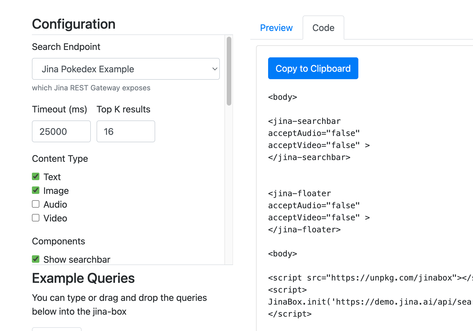 Create a widget to generate configured UI code snippet · Issue #23 · jina-ai/docsQA-ui · GitHub