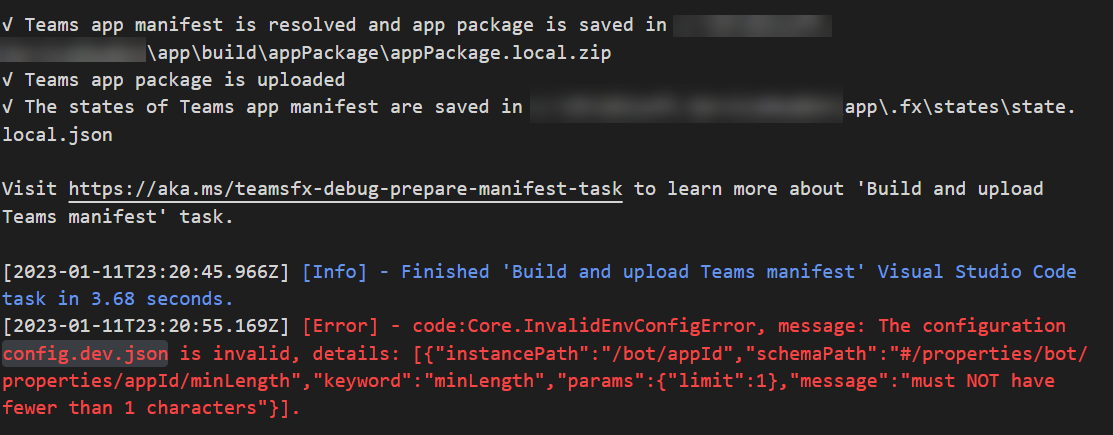 "[Error] - code:Core.InvalidEnvConfigError, message: The configuration config.dev.json is ...