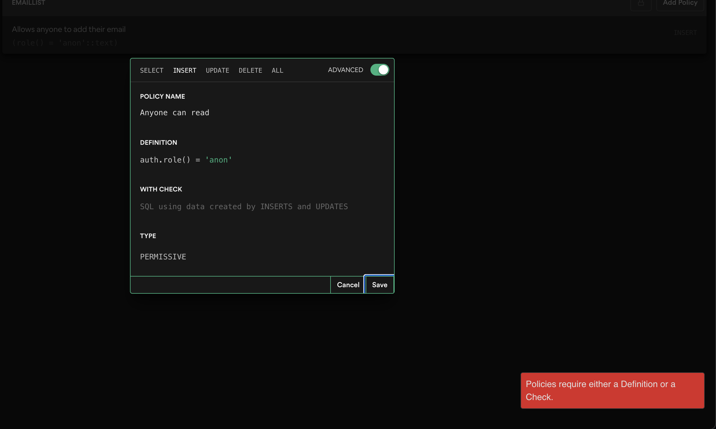 Cannot add row level security for INSERT · Issue #822 · supabase/supabase · GitHub
