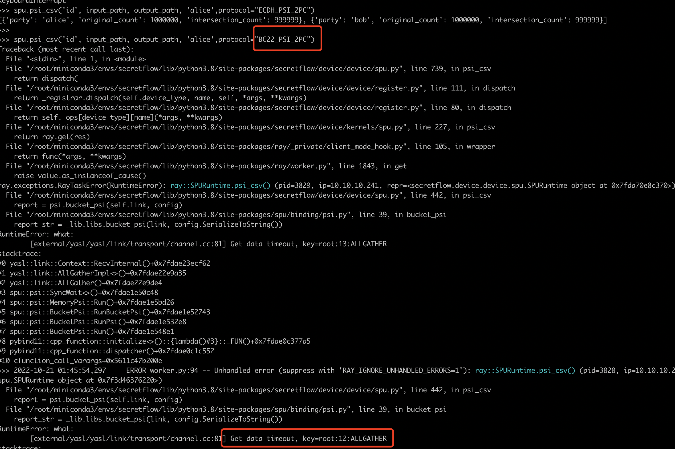 BC22_PSI_2PC Get data timeout, key=root:12:ALLGATHER · Issue #163 · secretflow/secretflow · GitHub