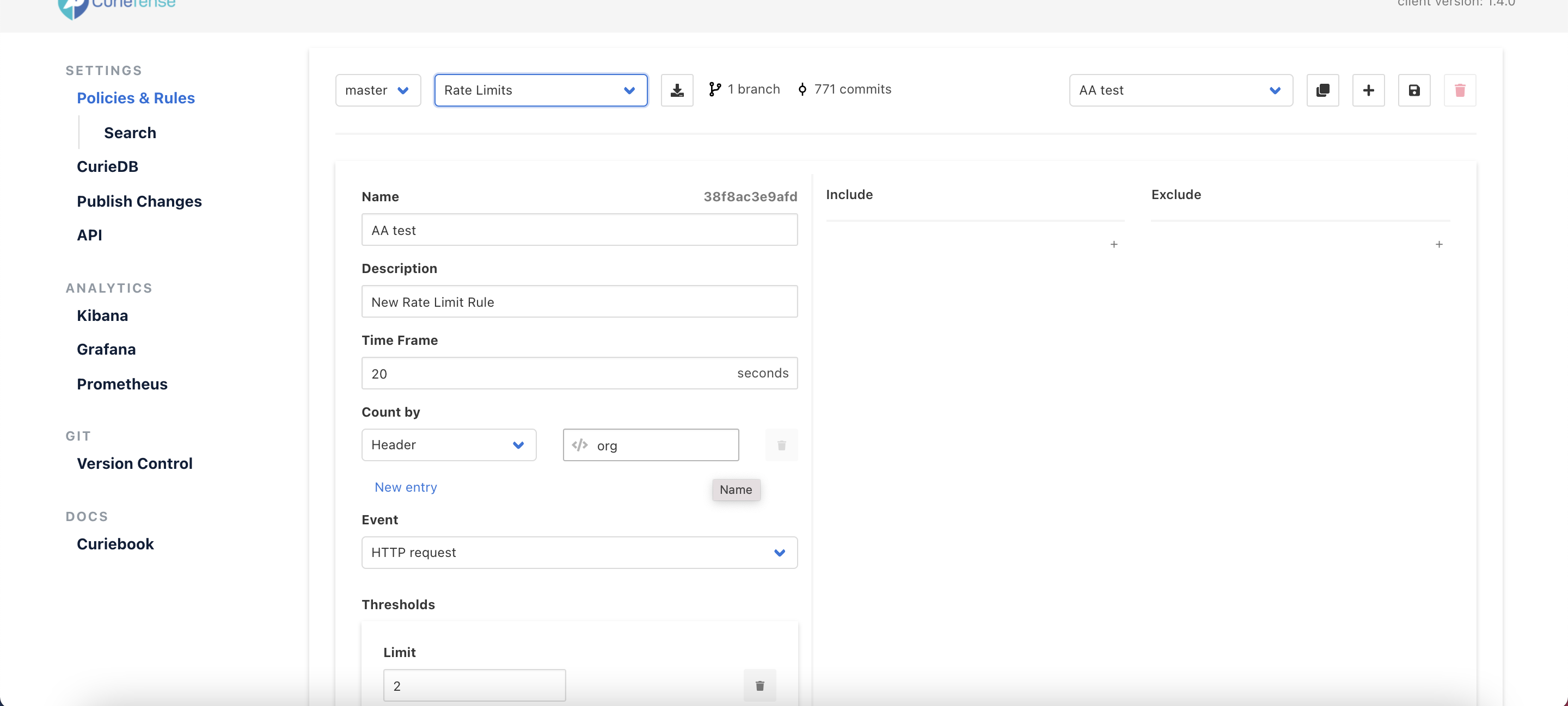 Rate limits - API confs show 1 treshold for rule that has 2 tresholds ...