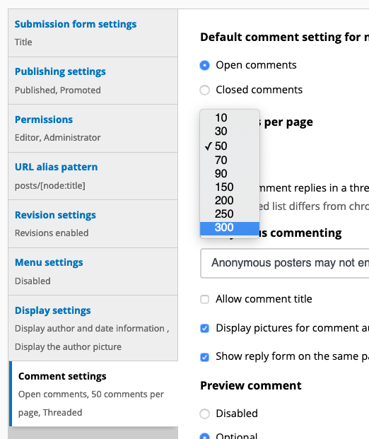 "Comments per page" setting cannot be configured to be larger than 300 ...