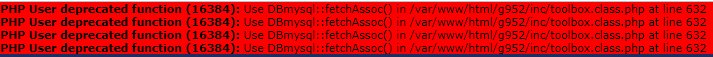 PHP User deprecated function (16384): Use DBmysql::fetchAssoc() in /var/www/html/g952/inc ...