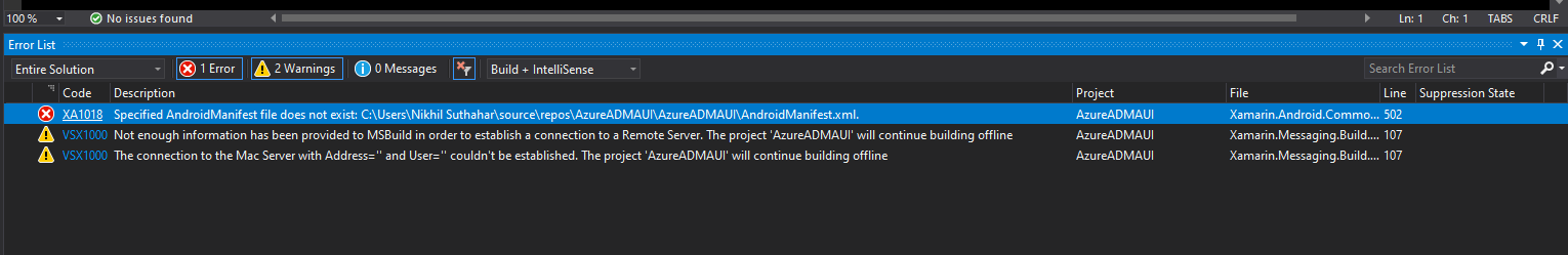 Line Suppression State Error XA1018 Specified AndroidManifest file does not exist in Visual ...