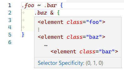 [scss] Display a wrong selector preview when using sibling combinators in SCSS, Less · Issue ...