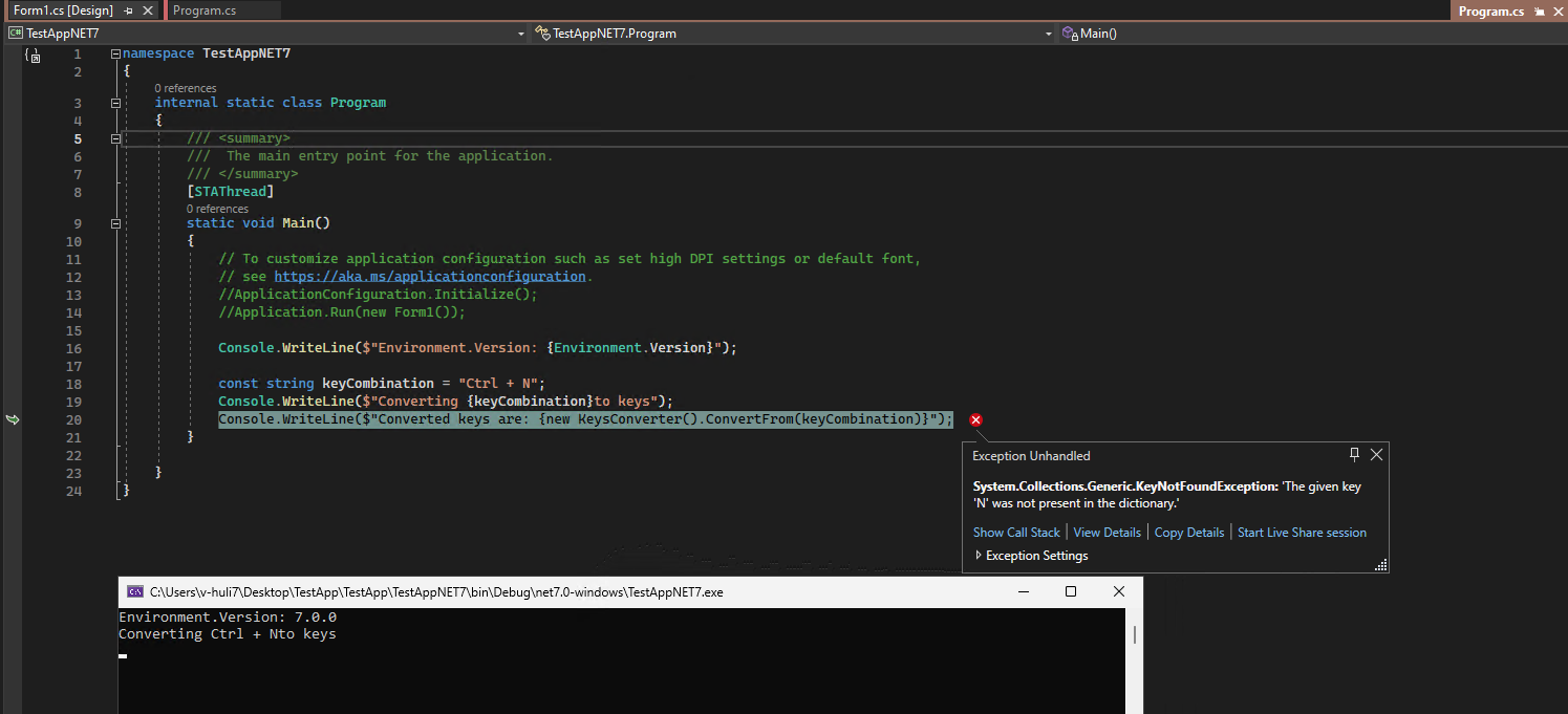 System.Windows.Forms.KeysConverter.ConvertFrom exception on .NET SDK 7.0 · Issue #7610 · dotnet ...