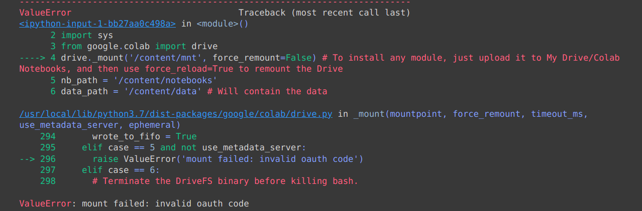ValueError: mount failed: invalid oauth code · Issue #2369 · googlecolab/colabtools · GitHub