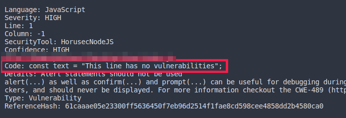 Wrong non-vulnerable line shown in the output · Issue #389 · ZupIT/horusec · GitHub