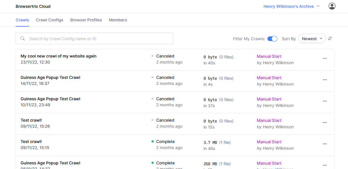 Add switch to filter resources by current user in UI · Issue #459 · webrecorder/browsertrix · GitHub