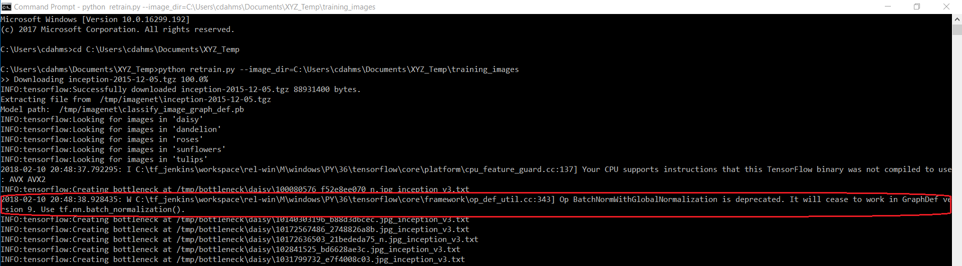image_retraining/retrain.py warning: Op BatchNormWithGlobalNormalization is deprecated. It will ...