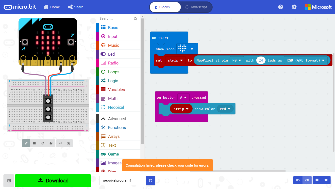 Windows 10 Chrome Download & save not working with neopixel show block: Compilation failed ...