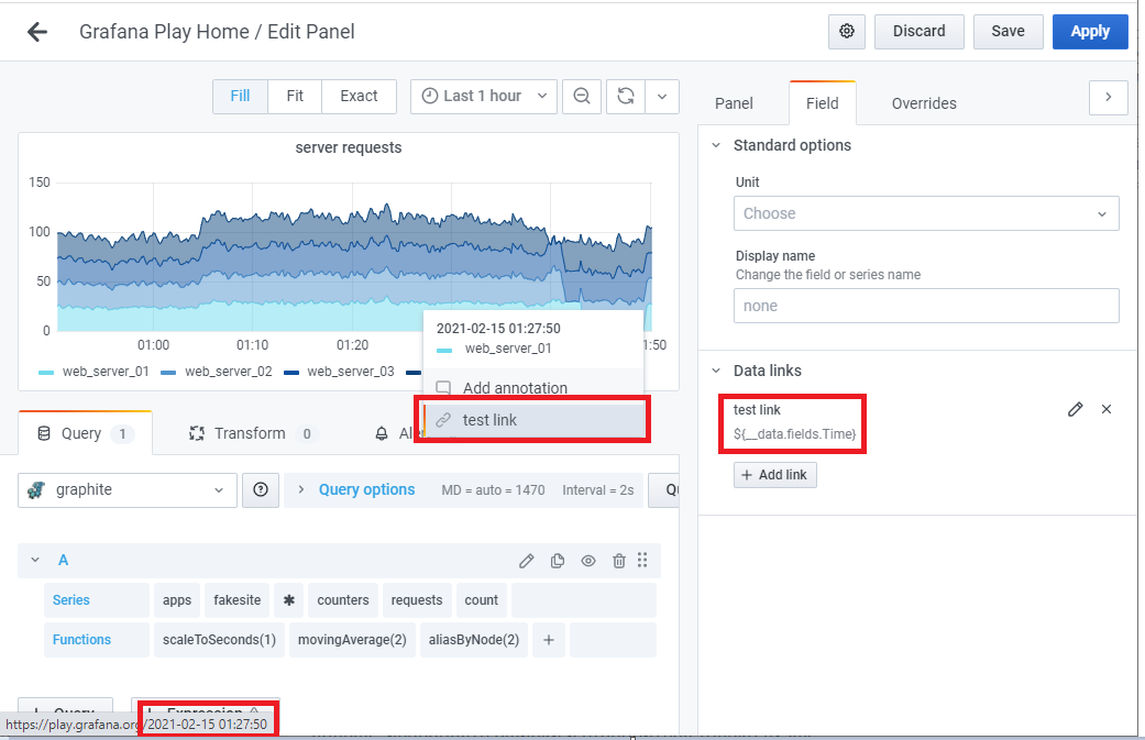 Data links: Auto suggest for fields shows display name instead of the ...